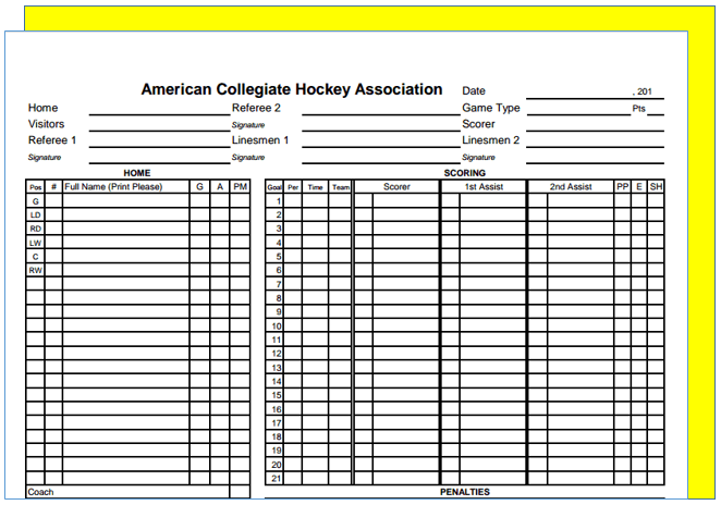 Official ACHA 2-Part Scoresheet - Quantity of 25: shopacha.com